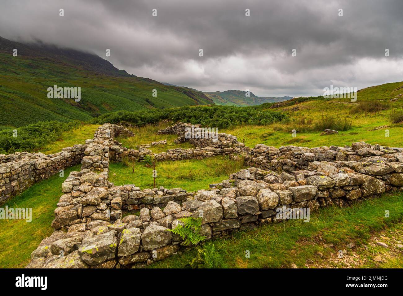 View of the Hardknott Roman Fort , archeological site, the remains of ...
