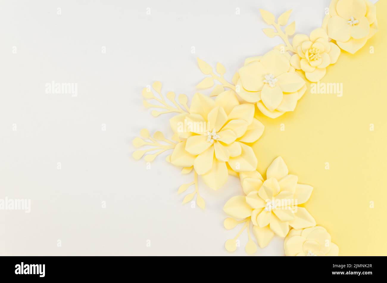 Yellow spring paper flowers white background Stock Photo - Alamy