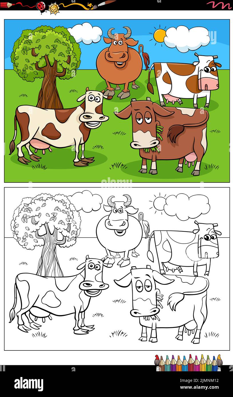 Funny cartoon cattle farm animals group coloring book page Stock Photo ...