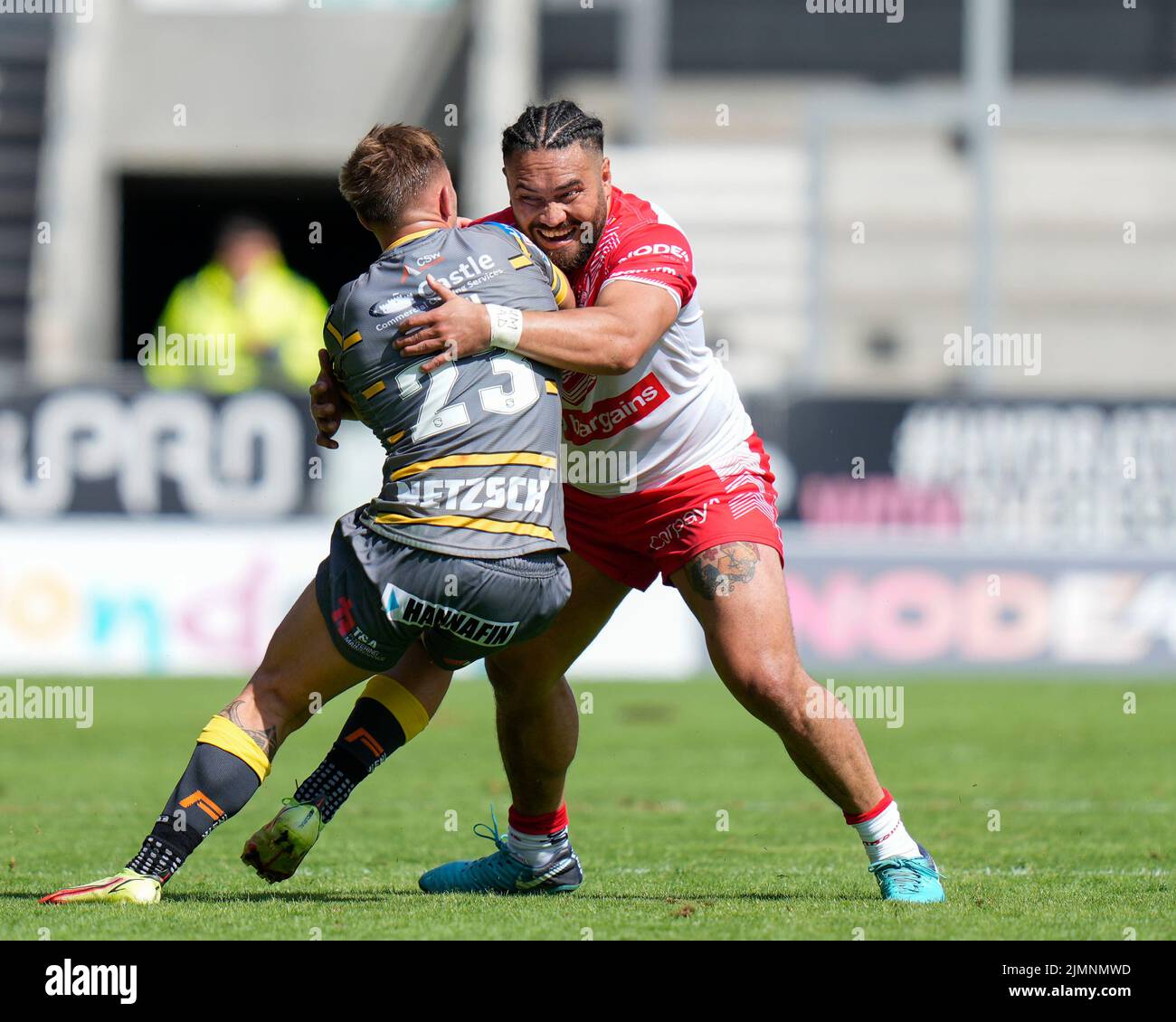 Konrad Hurrell #23 of St Helens tackles Greg Eden #23 of Castleford ...