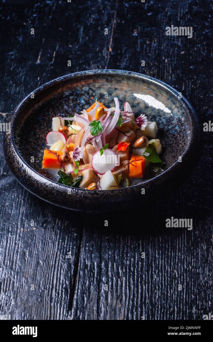 Fusion food plate of ceviche close up Stock Photo - Alamy