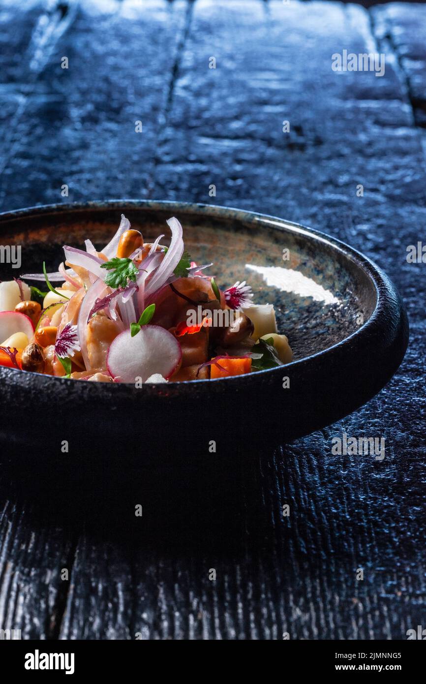 Fusion food plate of ceviche close up Stock Photo - Alamy