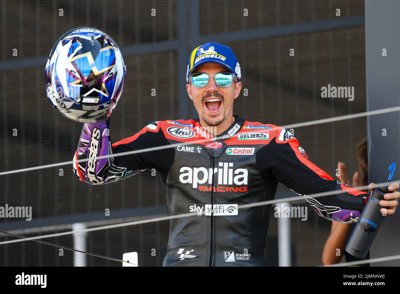 Maverick Vi–ales (Aprilia Racing) celebrates finishing in 2nd place ...