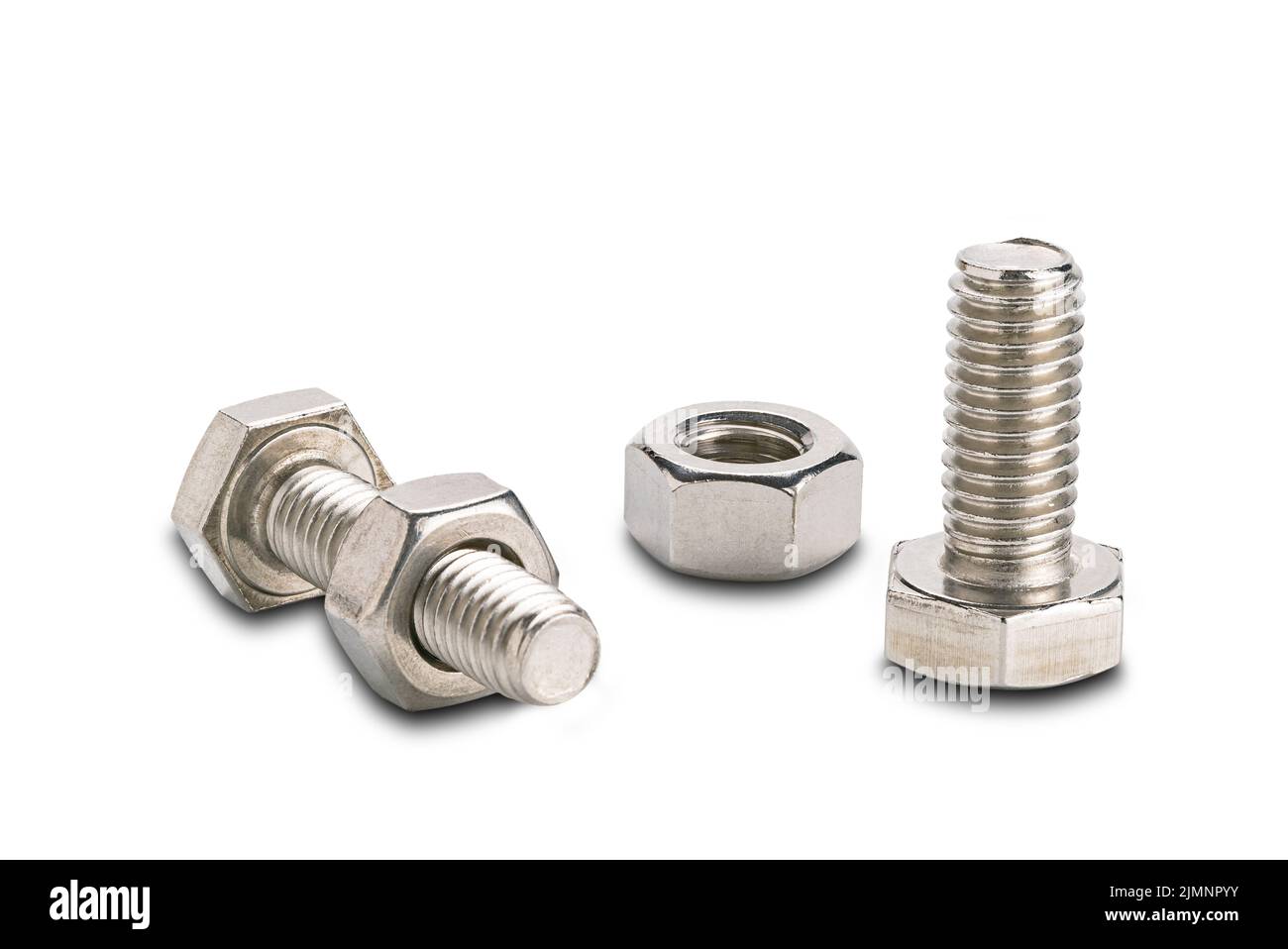 Side view of stainless steel screws and nuts isolated on white ...
