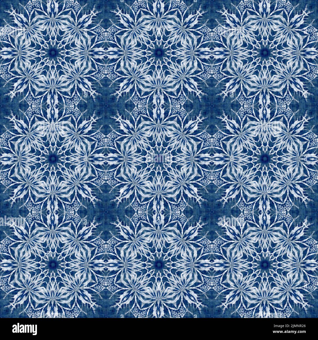 Indigo blue snow flake damask pattern background. Frosty painterly ...