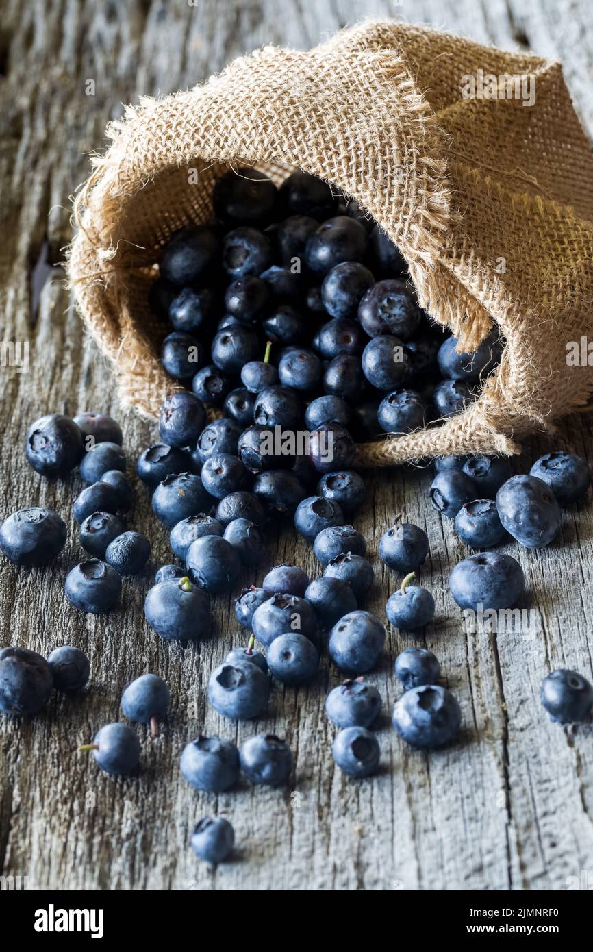 Blueberries pouring out of a burlap sack onto a rustic wooden table ...