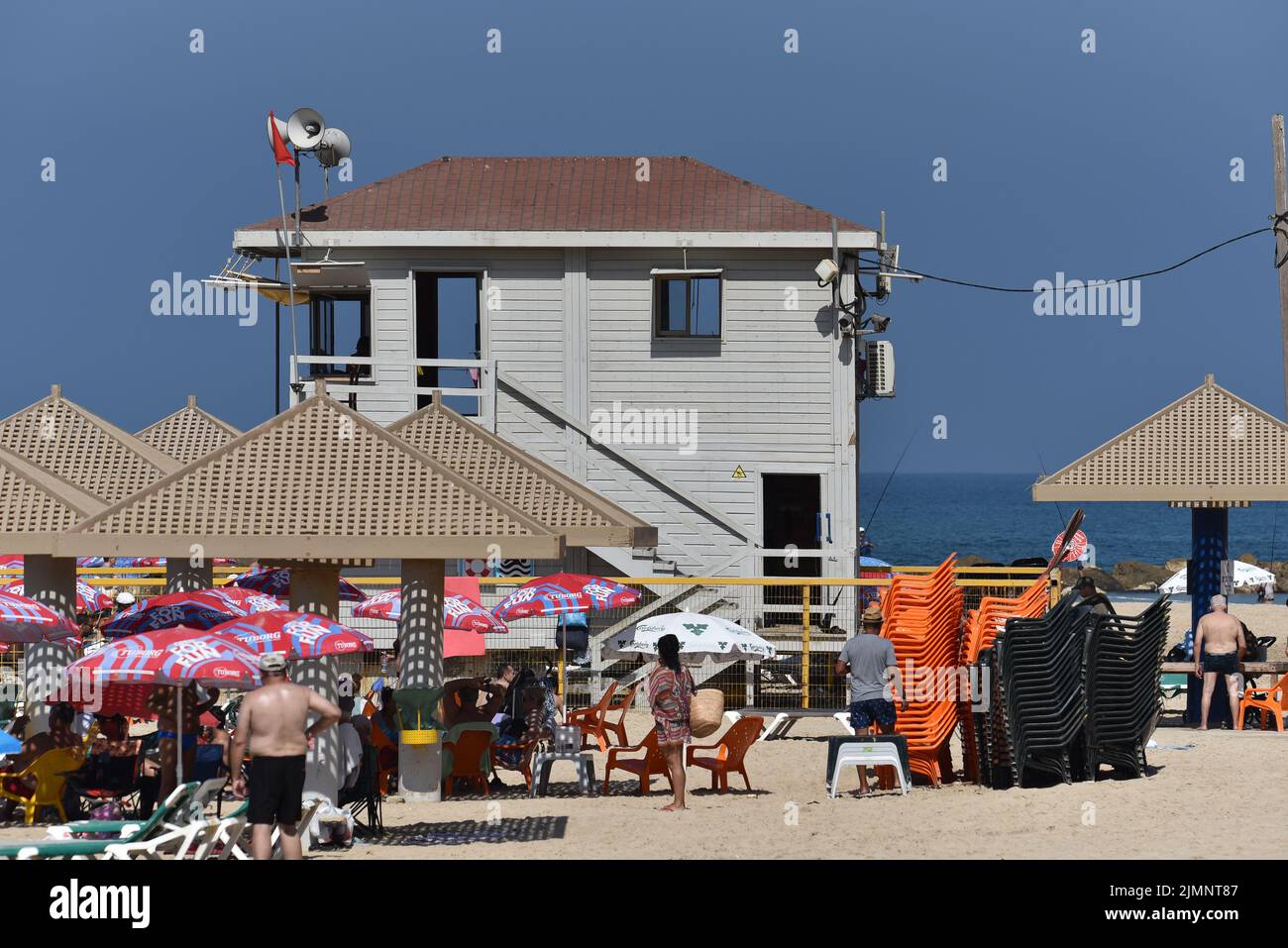 Israel Netanya September 2021. lifeguard station on the beach. beach in ...