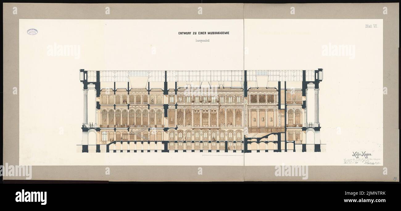 Gorgolewski Zygmunt (1845-1903), draft for a music academy (1870): longitudinal section with ...