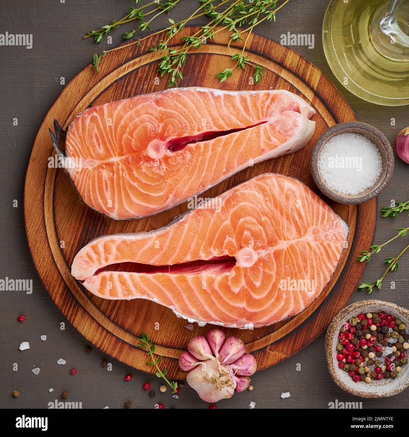 Two salmon steaks, top view, copy space. Fish fillet, large sliced ...