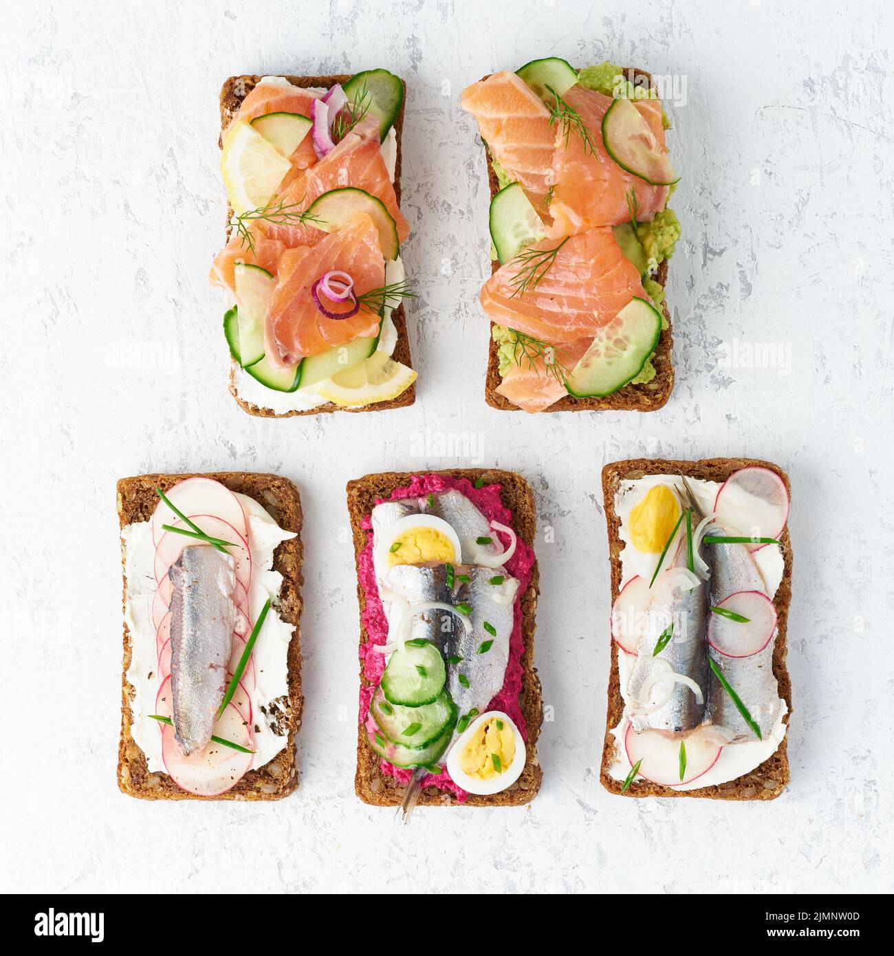 Savory fish smorrebrod, set of five traditional Danish sandwiches ...