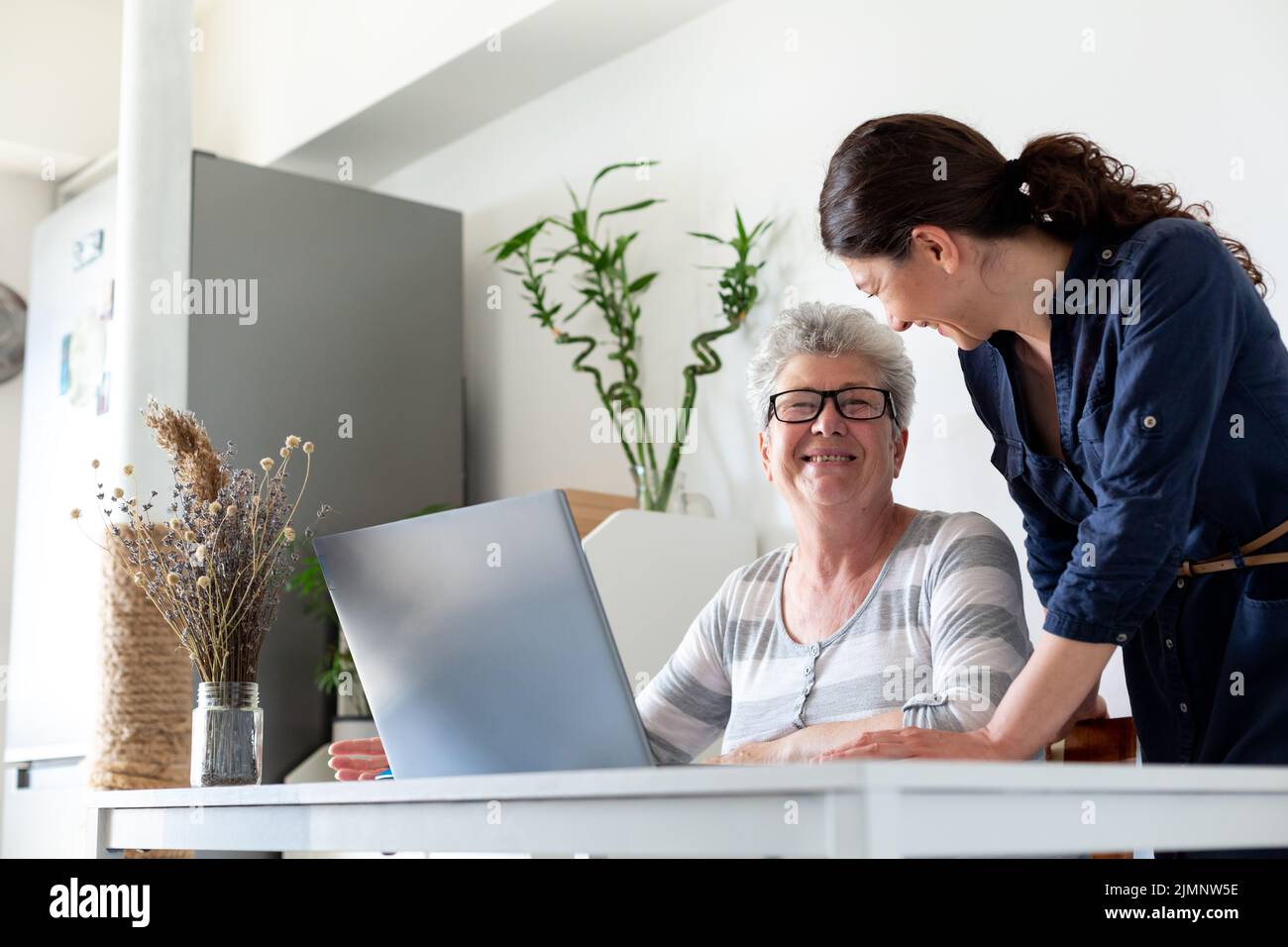 Senior women learning to use computer at home helped by a young women ...