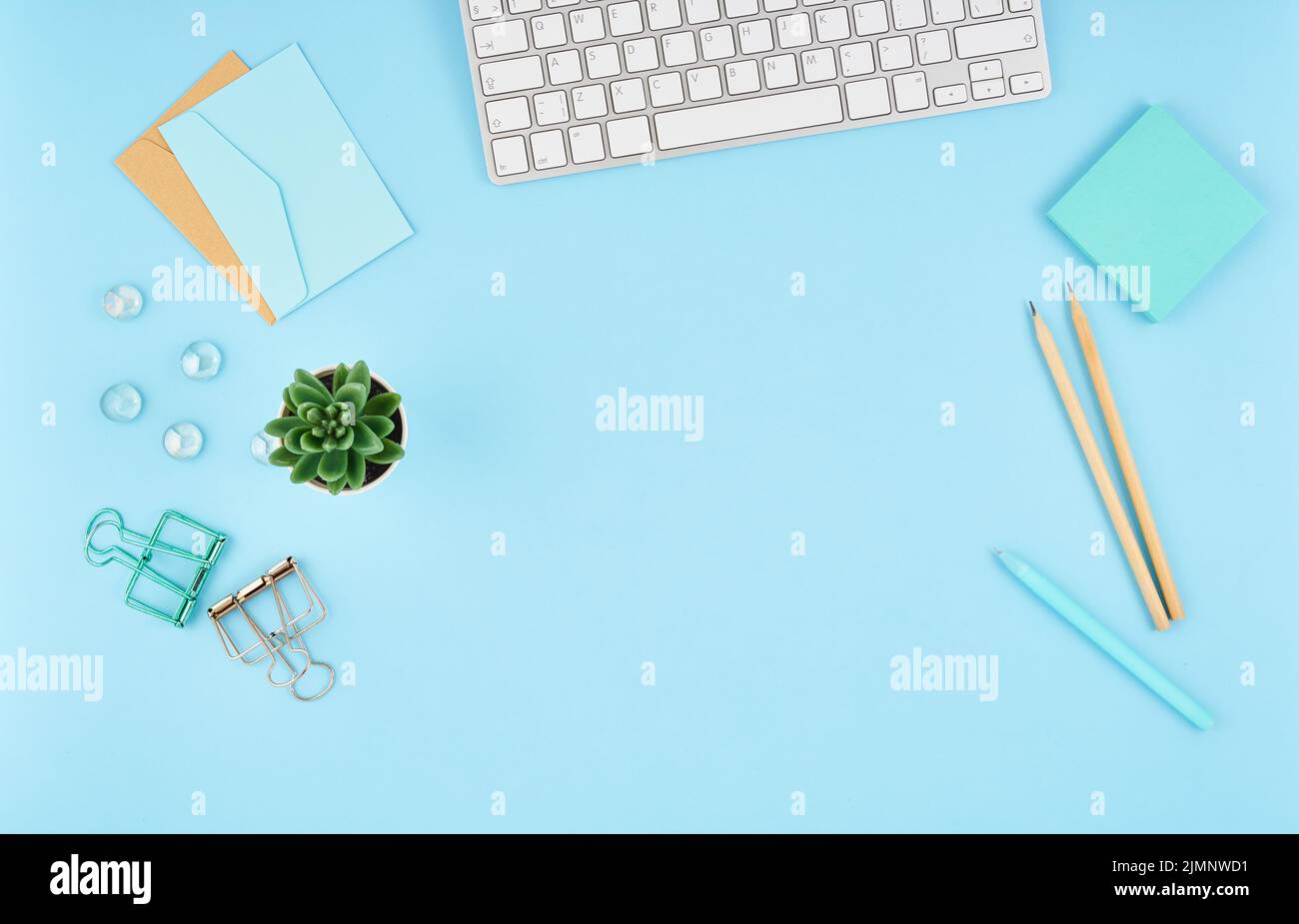 Blue office desktop. Top view of modern bright table with office ...