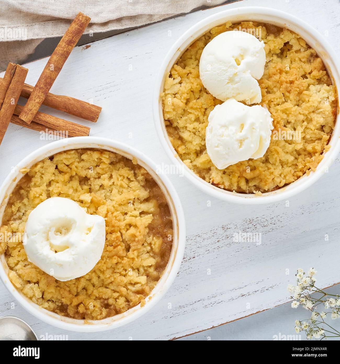 Apple crumble with the ice cream, streusel. Top view, close up Stock ...