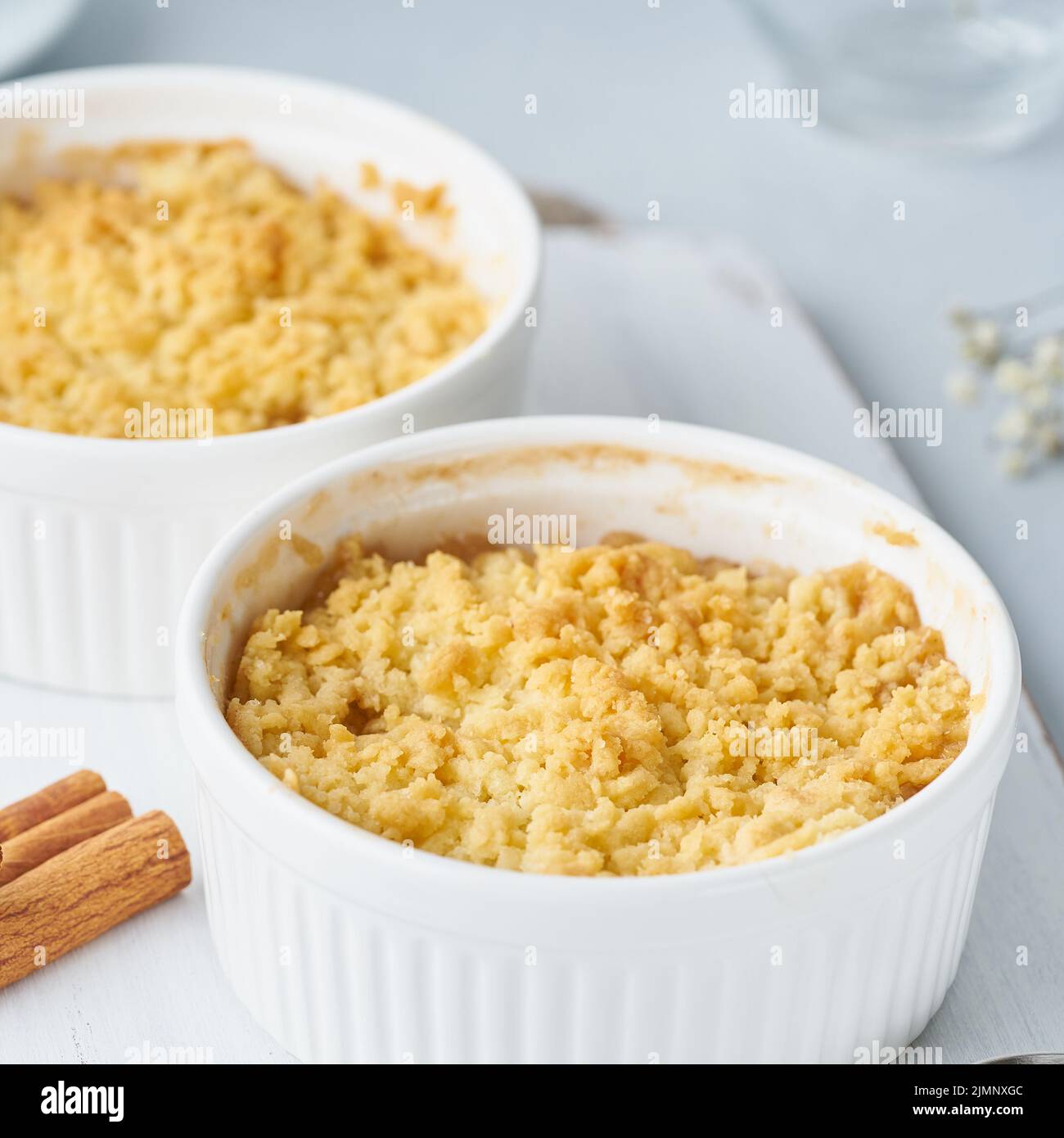 Close up apple crumble with streusel. Side view. Morning breakfast on ...