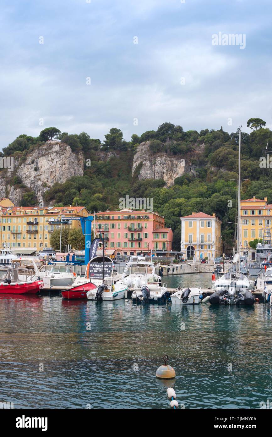 France, Nice, September 2021. Multicolored wooden boats and speedboats ...