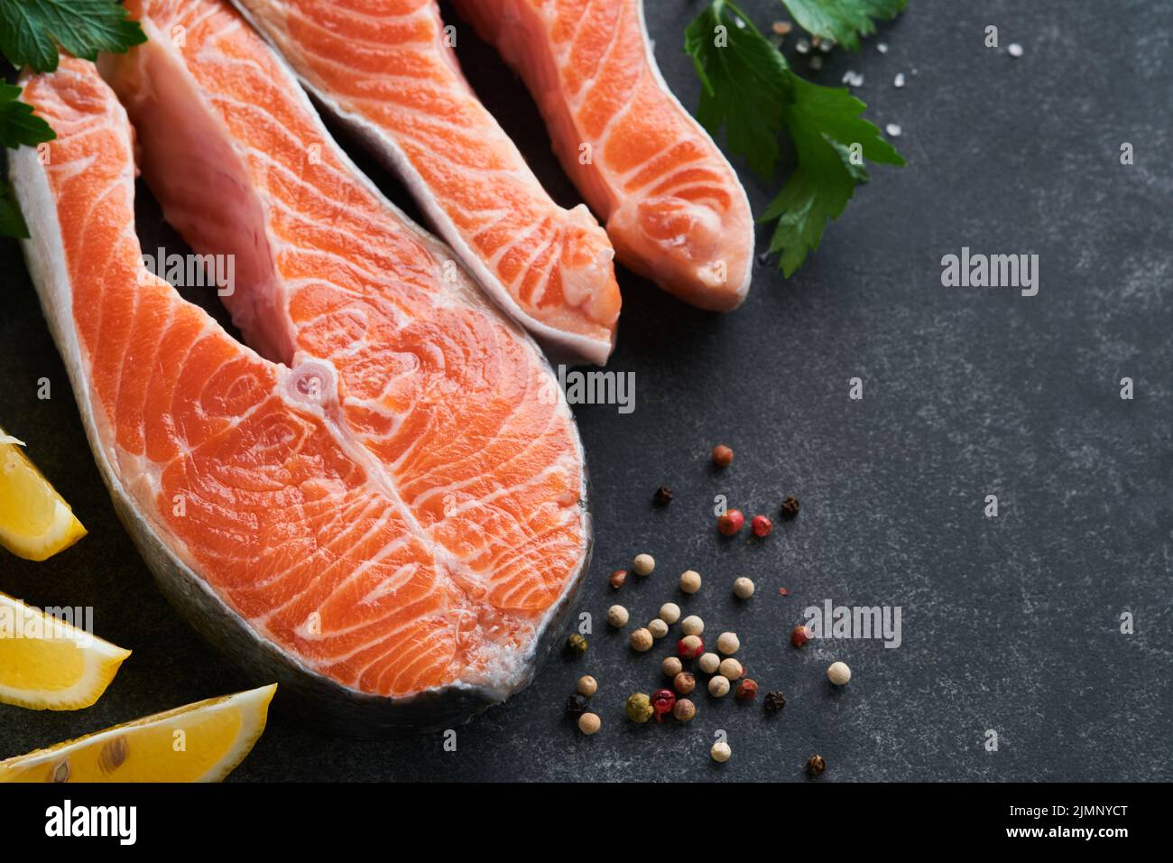 Salmon. Raw salmon steak. Fresh raw salmon fish with cooking ...