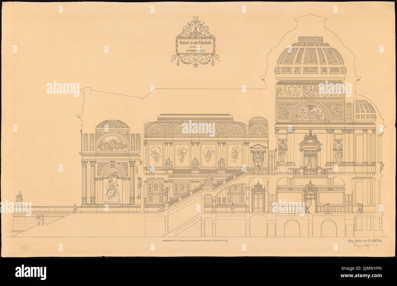 Menken August (1858-1903), Kunsthalle (01.08.1881): cross-section. Ink ...