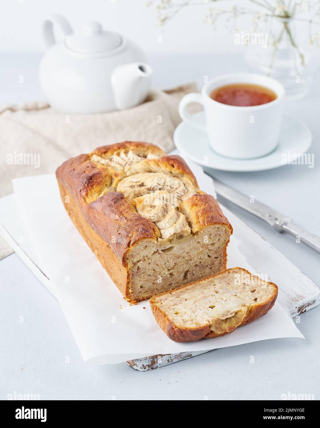Banana bread, cake with banana, side view, vertical. The morning ...