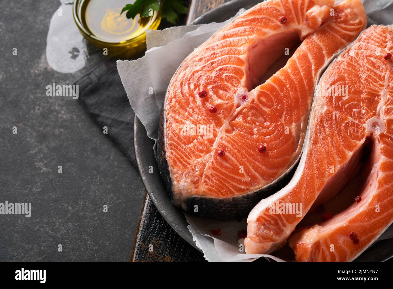 Salmon. Raw salmon steak. Fresh raw salmon fish with cooking ...