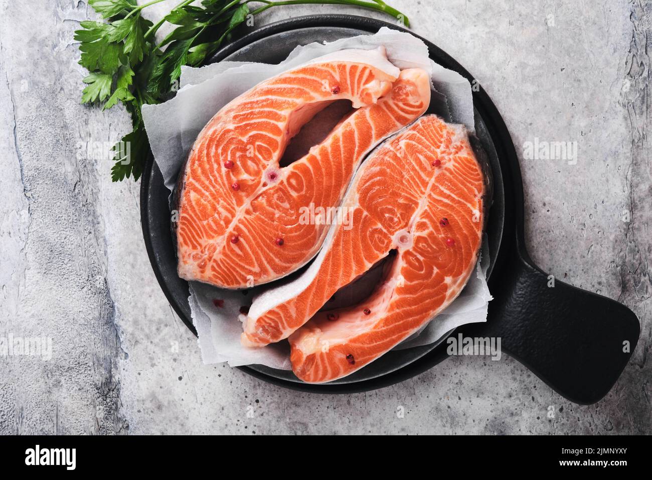 Salmon. Raw salmon steak. Fresh raw salmon fish with cooking ...