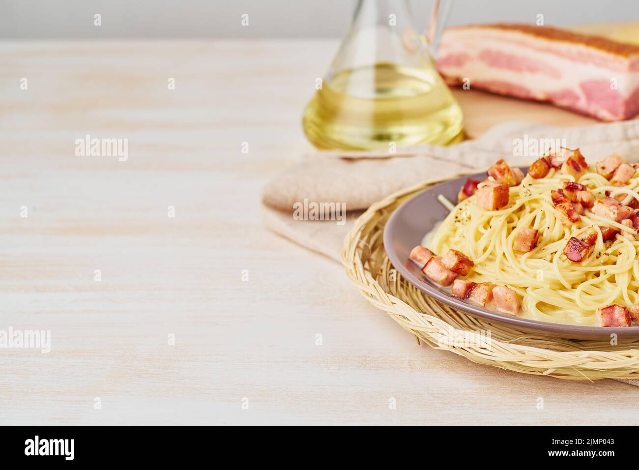 Part of carbonara pasta. Spaghetti with pancetta, egg, parmesan cheese ...