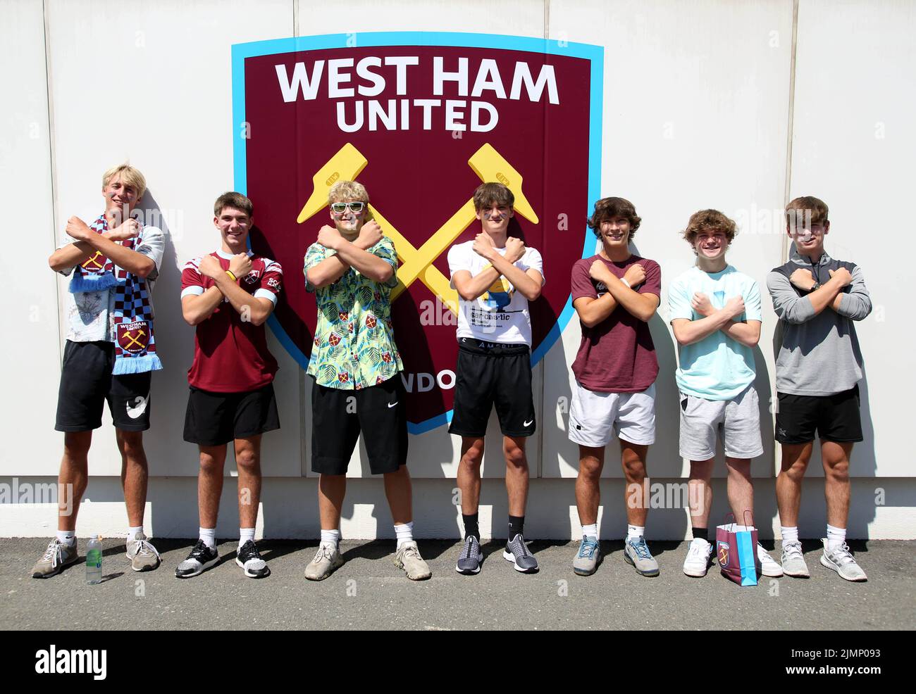 West Ham United fans pose for a picture outside the ground ahead of the ...