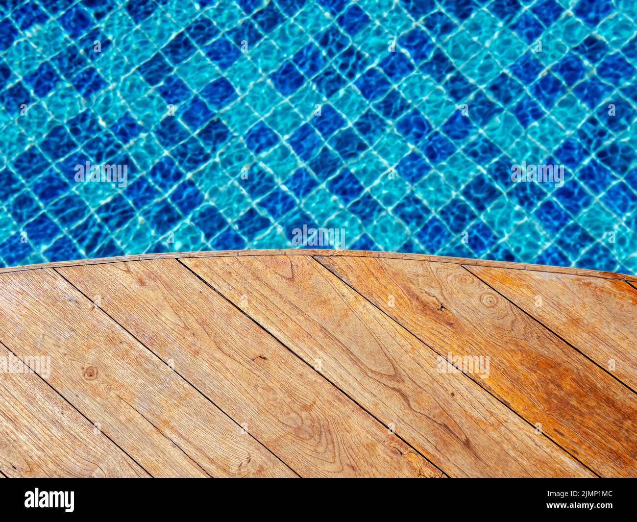 Top view of empty wooden plank table or deck floor curved shape in ...