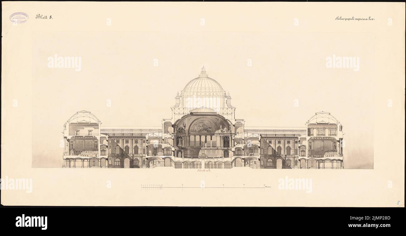 Giese & Weidner, Reichstag, Berlin (1882): Longitudinal section A-B ...