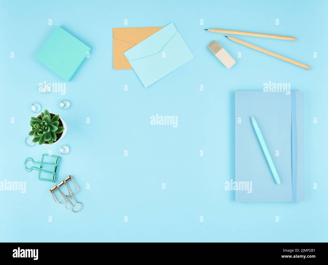 Blue office desktop. Top view of modern bright table with office ...