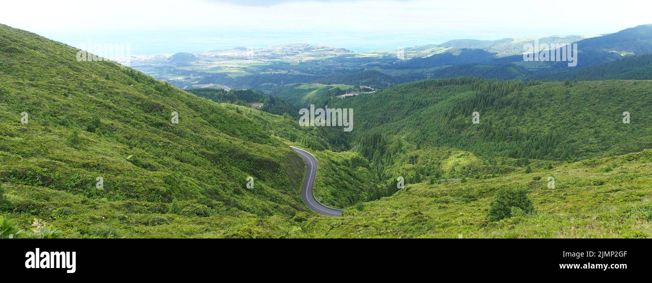 Agua de Pau Massif stratovolcano, view from the crest to Atlantic coast ...