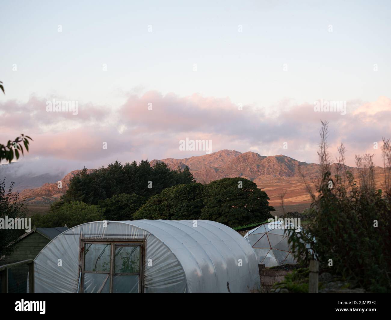 Lake District view, dusky pink clouds at sunset, greenhouse Stock Photo ...