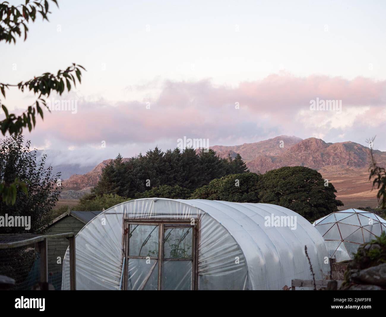Lake District view, dusky pink clouds at sunset, greenhouse Stock Photo ...