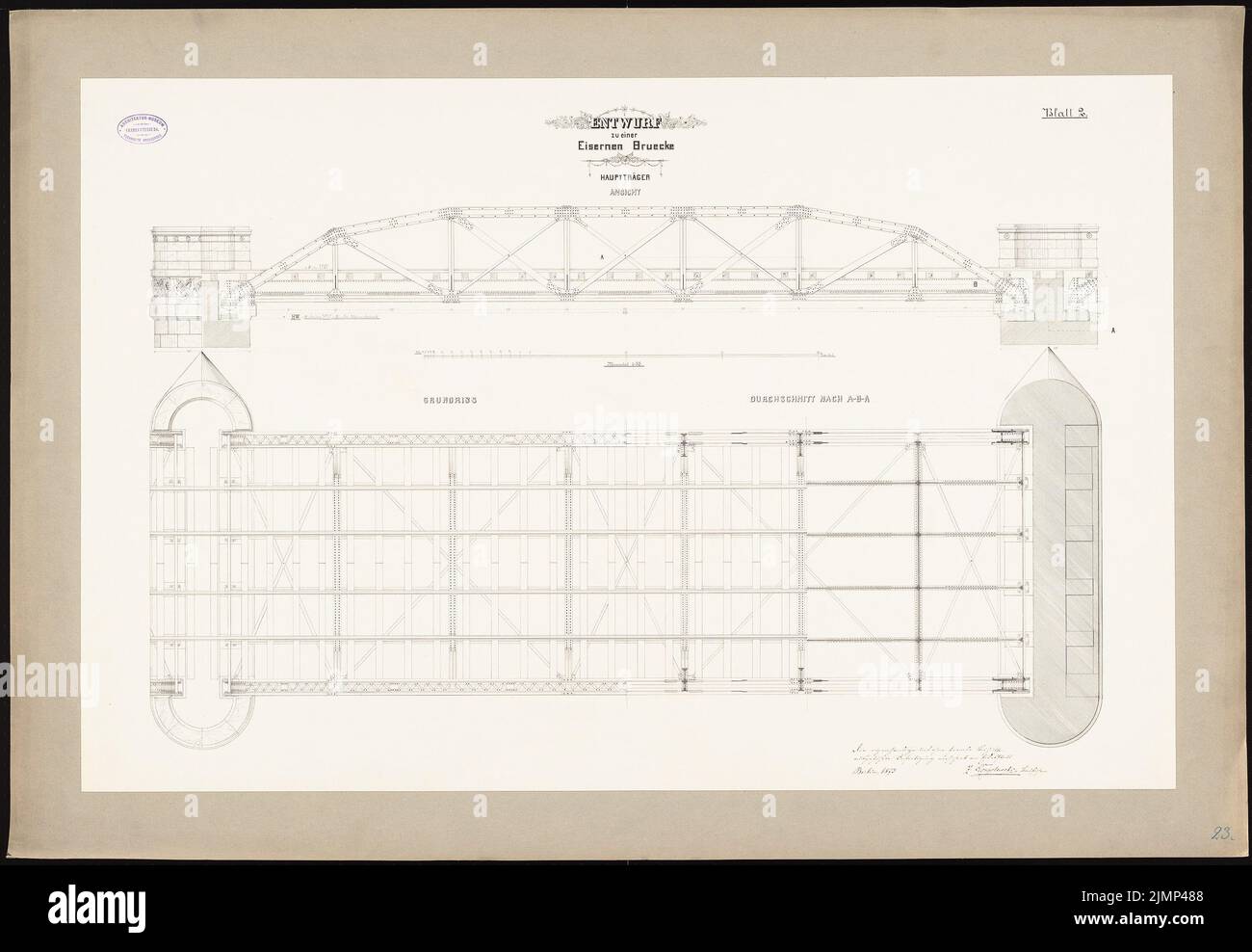 Gorgolewski Zygmunt (1845-1903), draft into an iron bridge (1873): View, floor plan and cut of ...