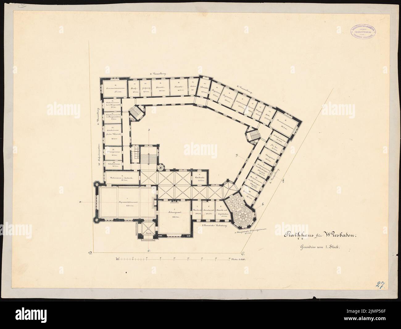 Grisebach Hans (1848-1904), town hall in Wiesbaden (1882): floor plan ...