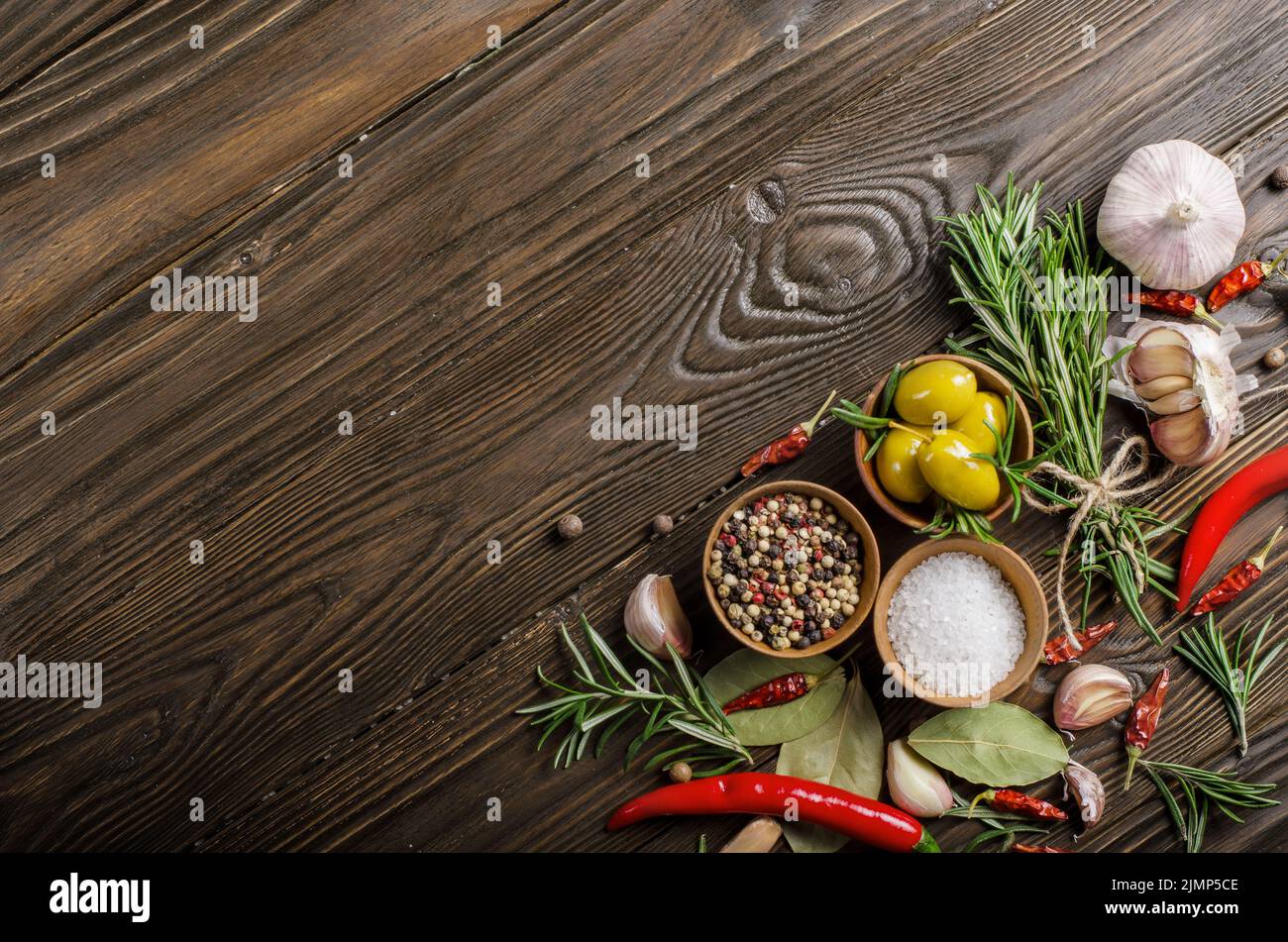 Flat lay Food background frame made of condiments and spices on kitchen ...