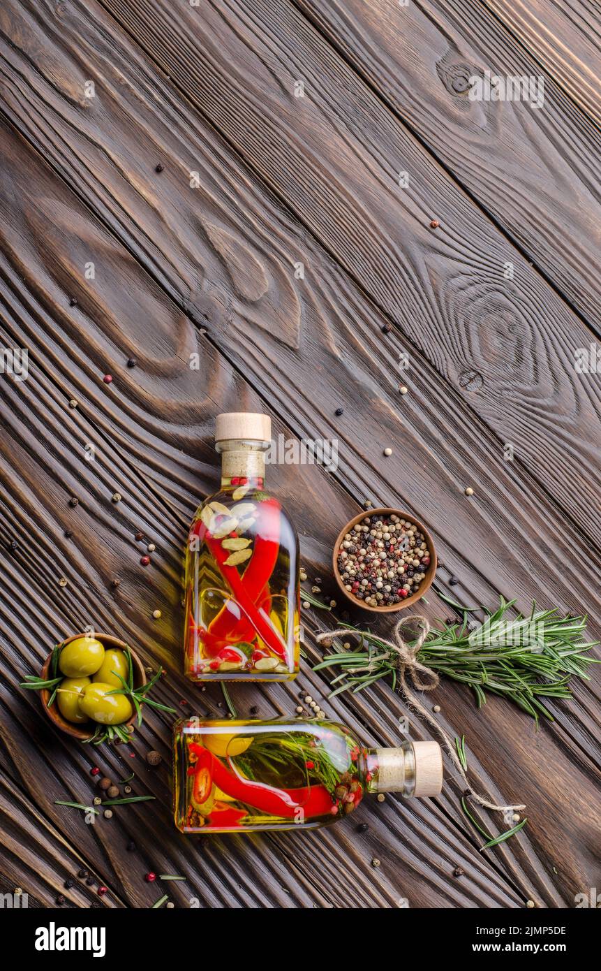 Flat lay Food background frame made of oils condiments and spices on ...