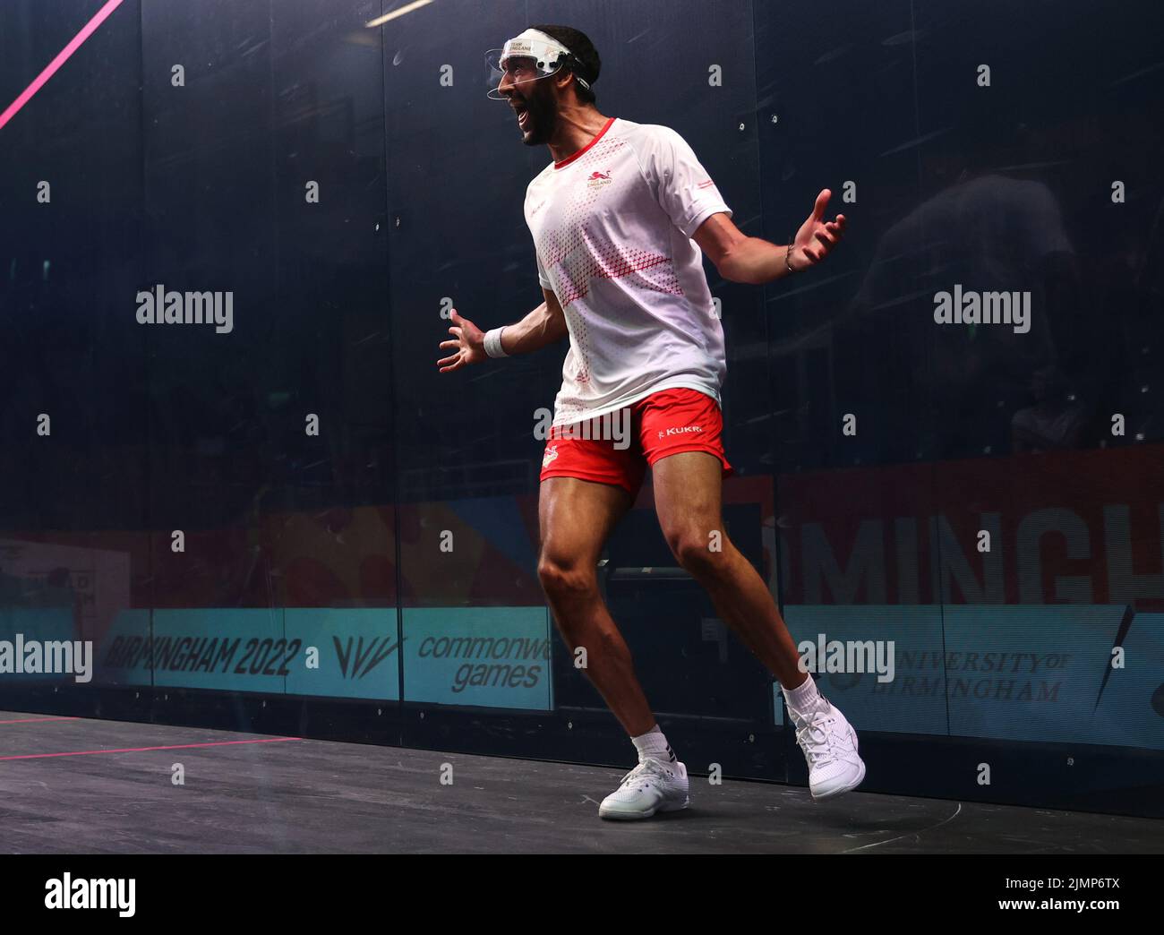 England's Declan James celebrates winning the Men's Doubles Semi Final ...