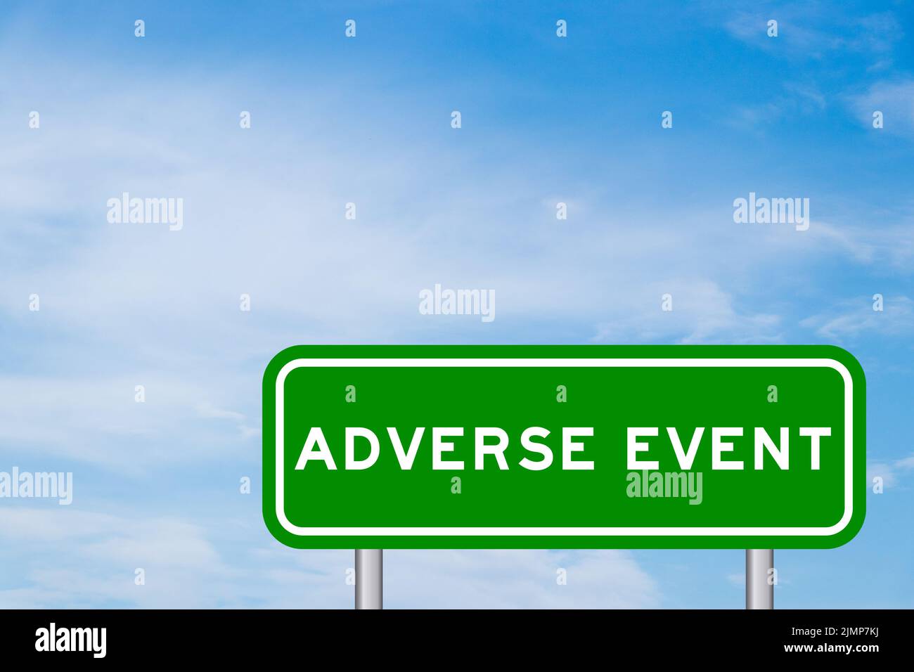 Green color transportation sign with word adverse event on blue sky ...