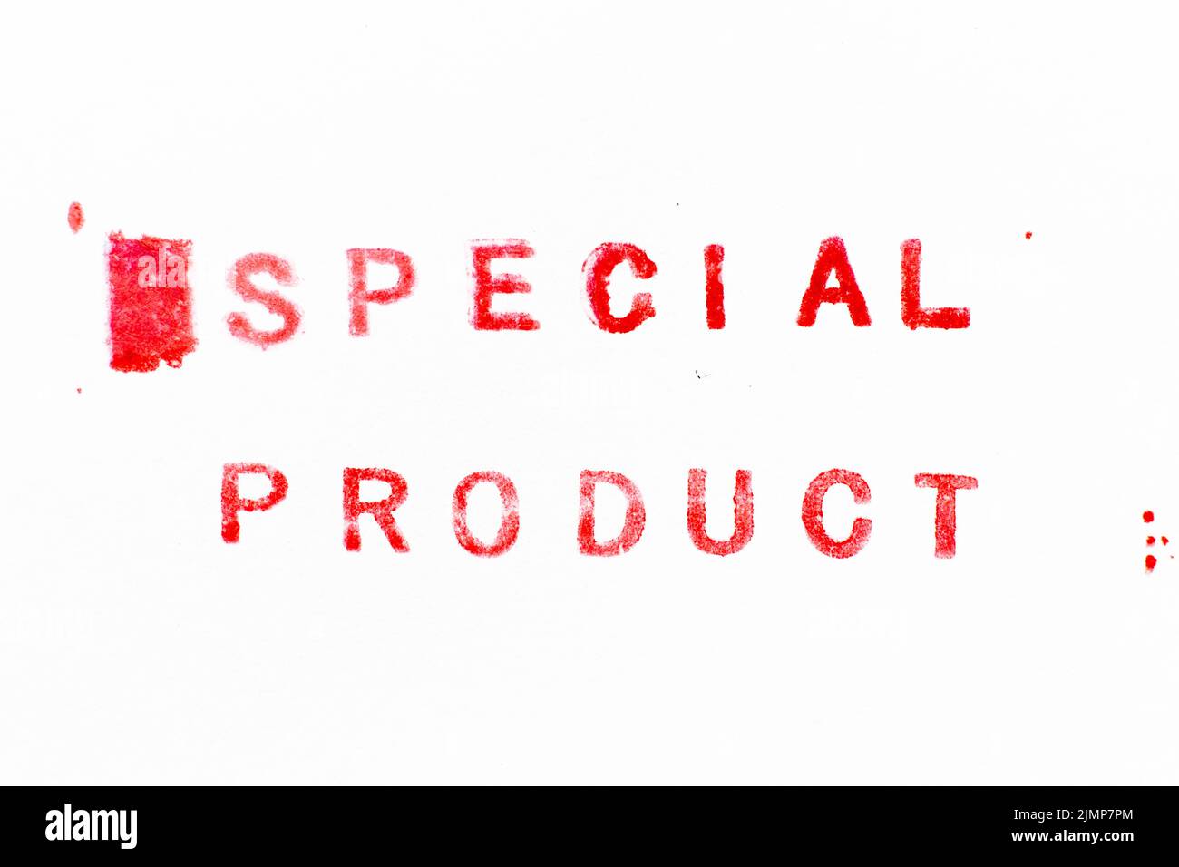 Red color ink rubber stamp in word special product on white paper ...