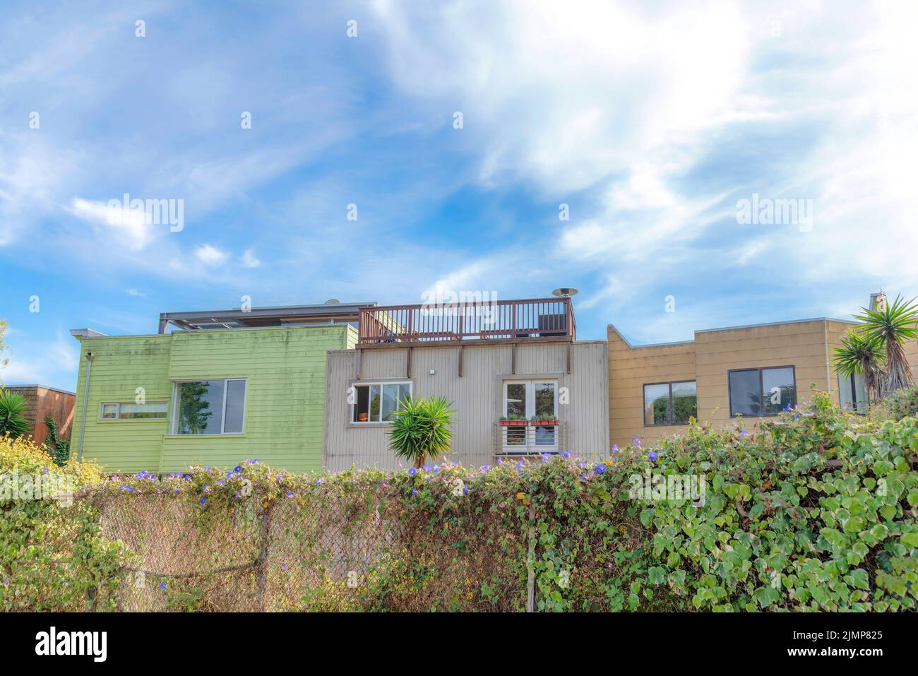 Exterior of a complex box houses in San Francisco, California. View of ...