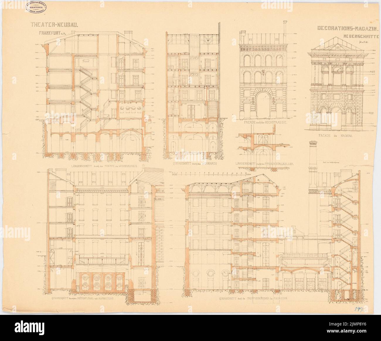 Elevation and cross section of an opera house this is hi-res stock ...
