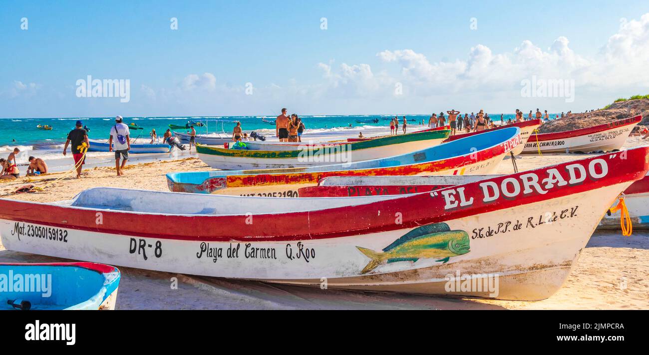 Waves boats caribbean coast and beach panorama view Tulum Mexico Stock ...