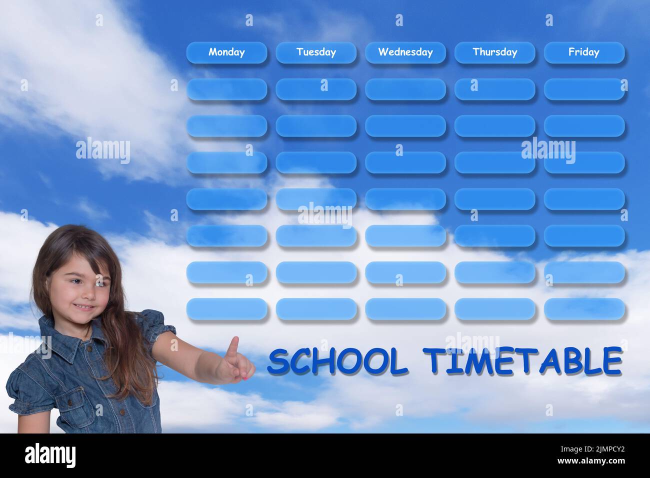 School timetable concept with blue sky in the background. Smiling ...