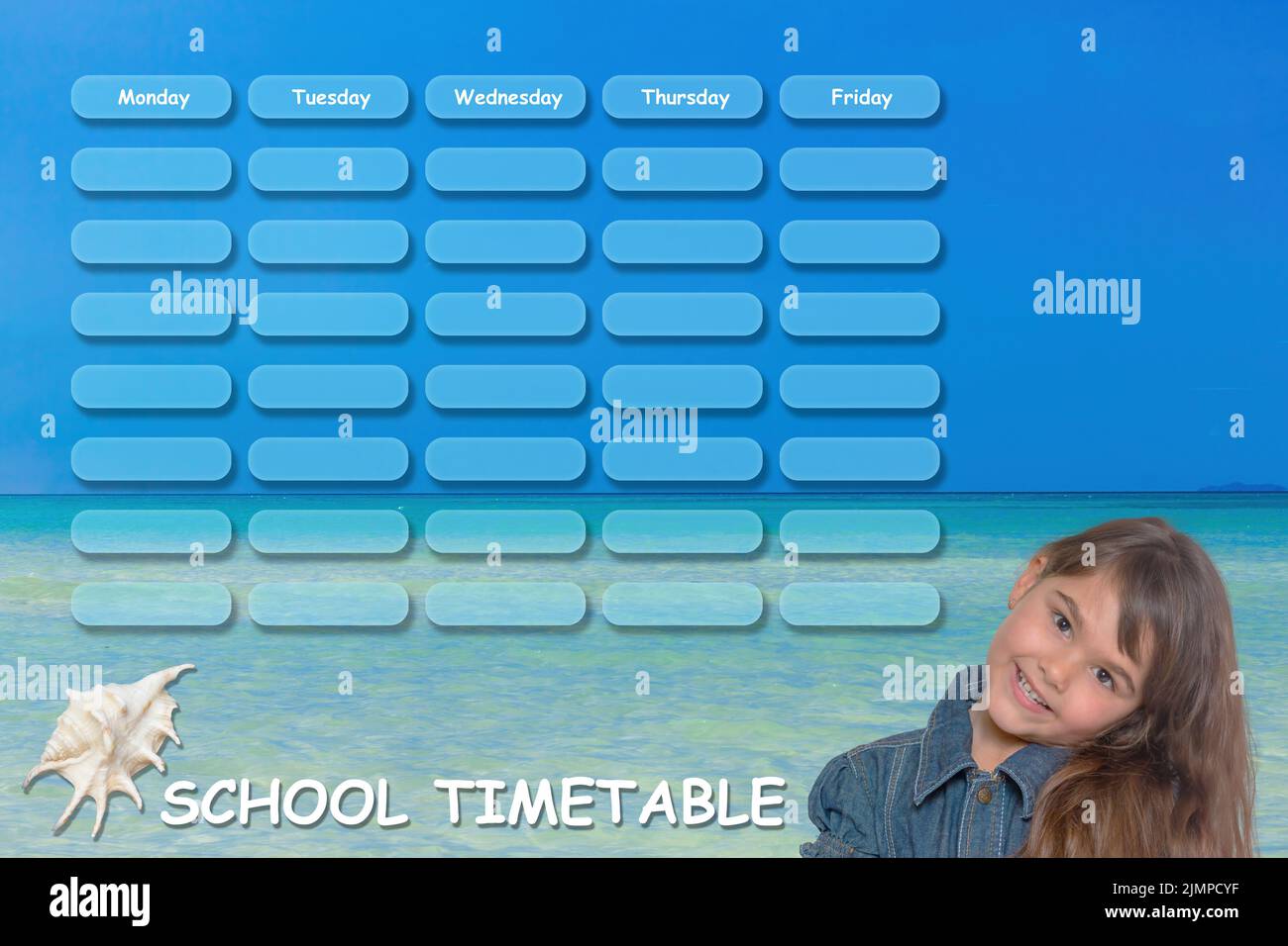 School planner concept on a sea theme. Little tanned girl is smiling on ...