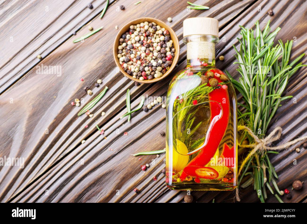 Flat lay Food background frame made of oils condiments and spices on ...