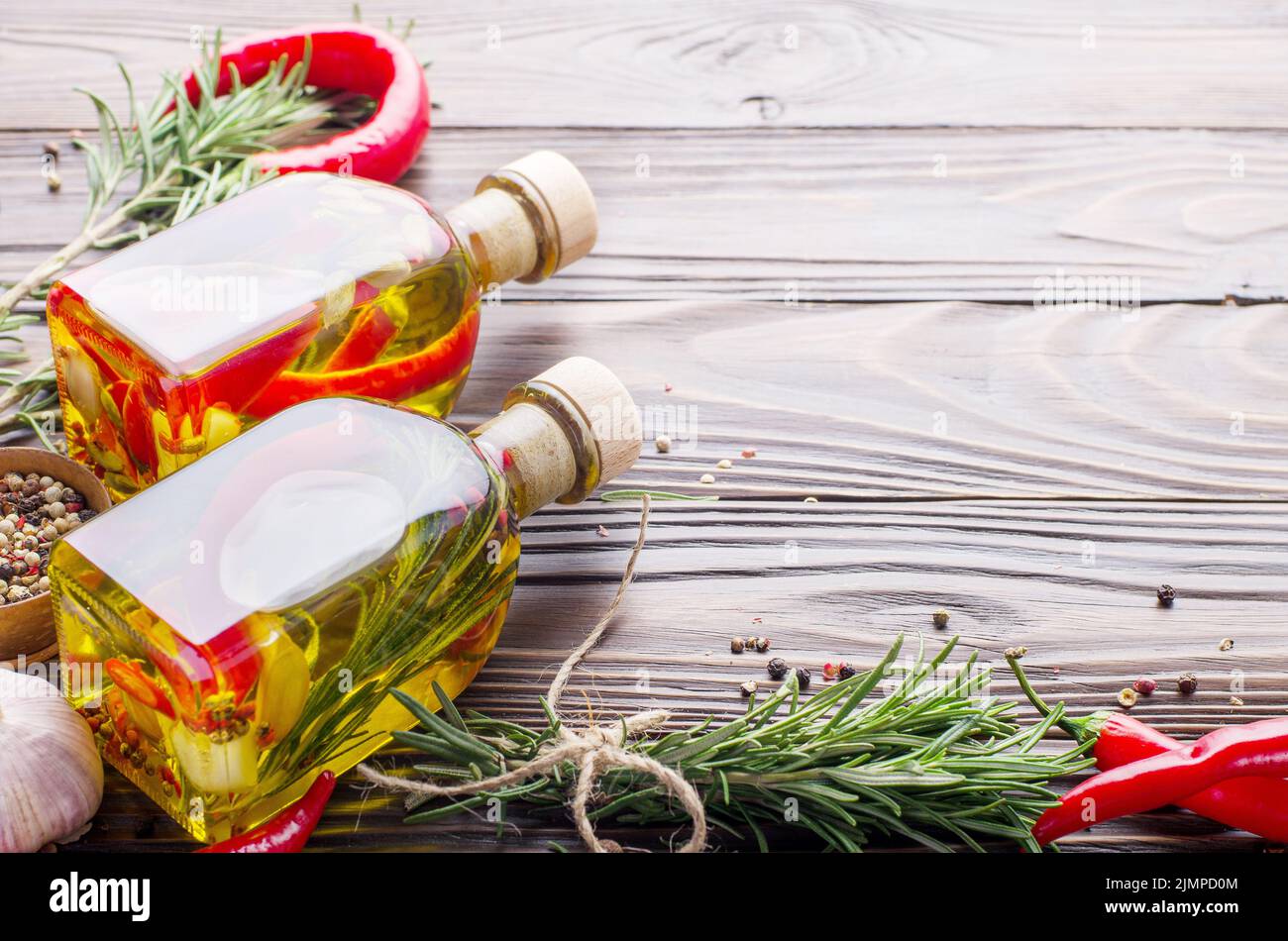 Food background frame made of oils condiments and spices on kitchen ...