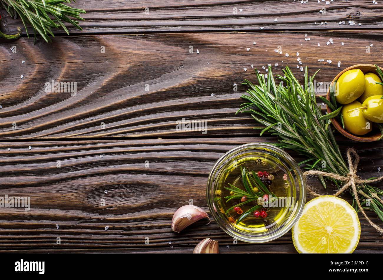 Flat lay food background made of oils condiments and spices on kitchen ...