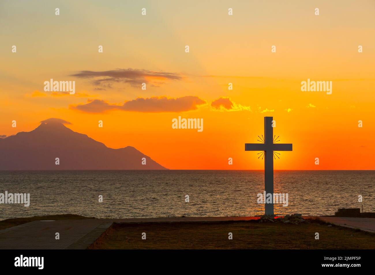 Silhouette of cross at sunrise and sea panorama Stock Photo - Alamy
