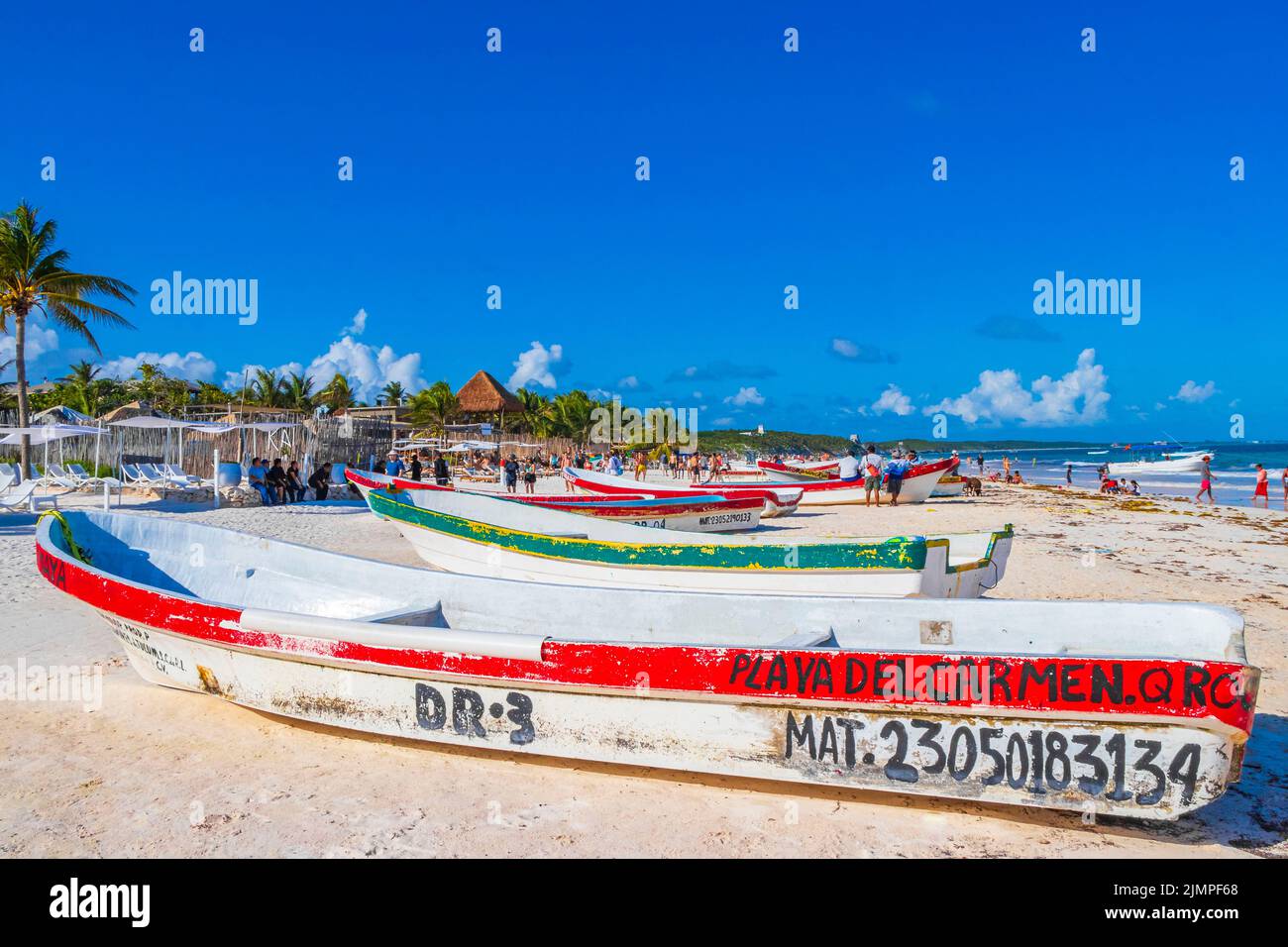 Waves boats caribbean coast and beach panorama view Tulum Mexico Stock ...
