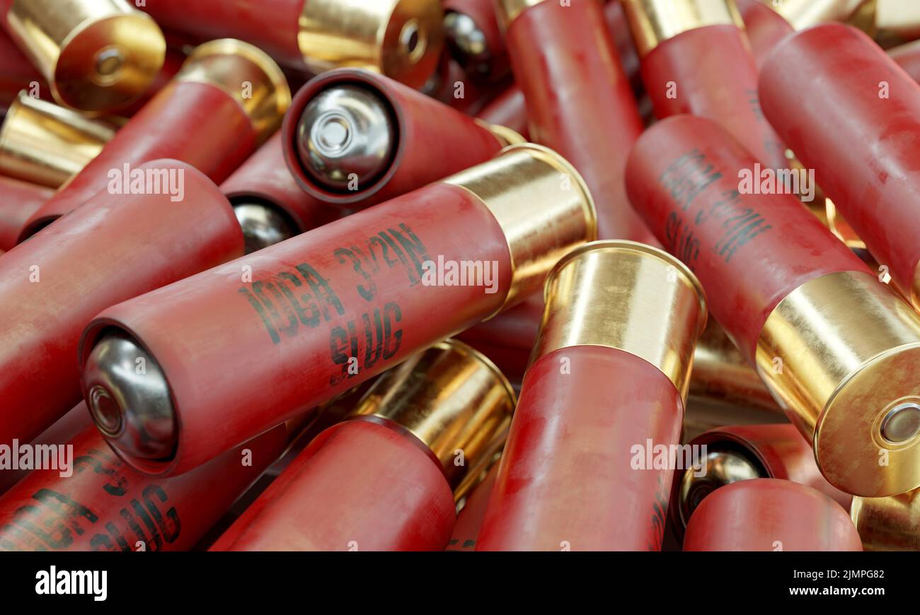 3d render illustration of a pile of shotgun ammunition . Close up shot ...